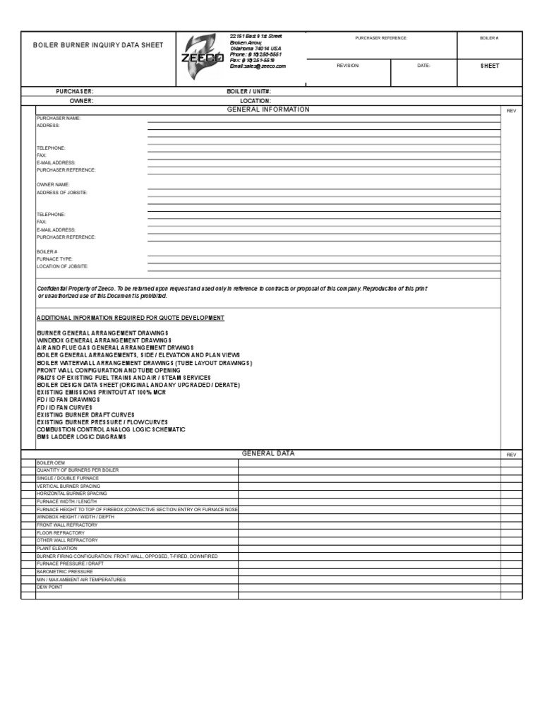 Boiler Burner Inquiry Data Sheet | PDF | Boiler | Furnace