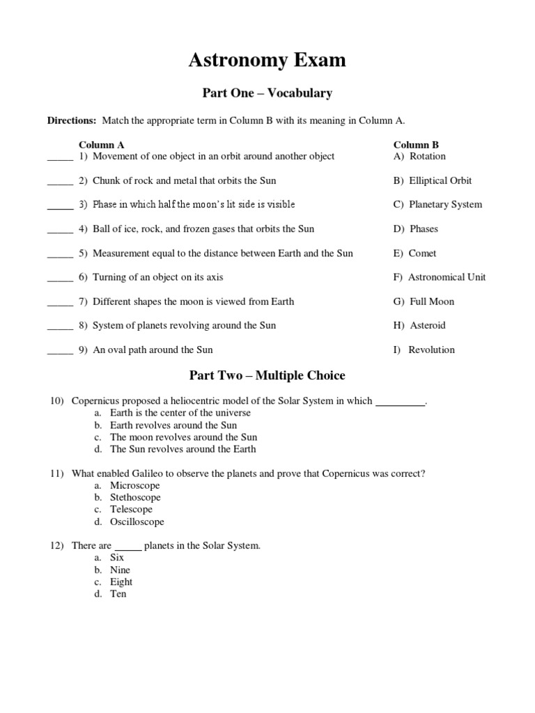 Astronomy Exam Pdf Astronomy Planets