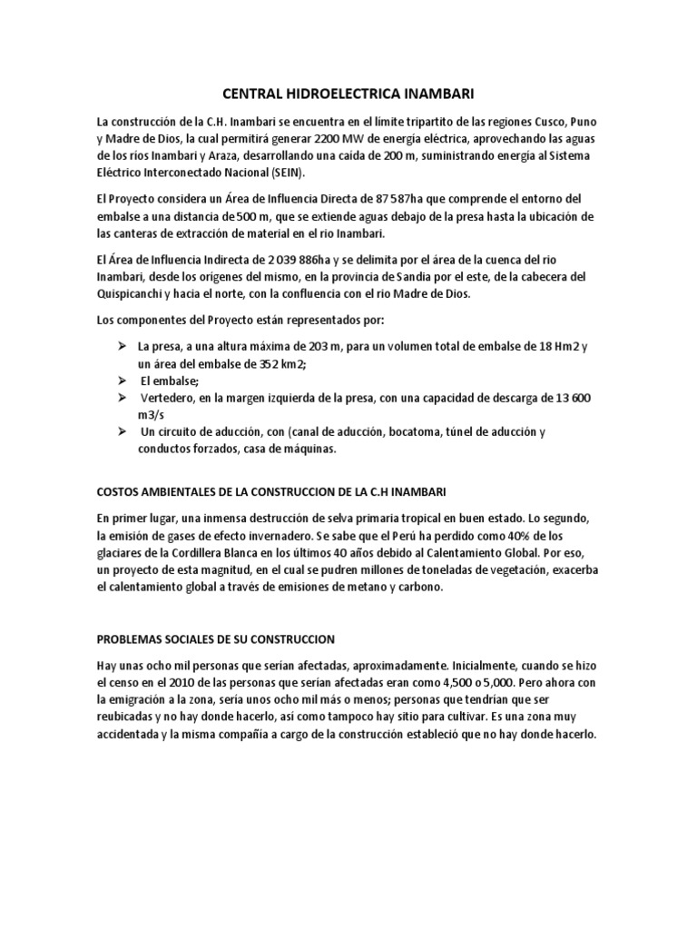 Central Hidroelectrica Inambari | PDF | Evaluación de impacto ambiental | Reservorio