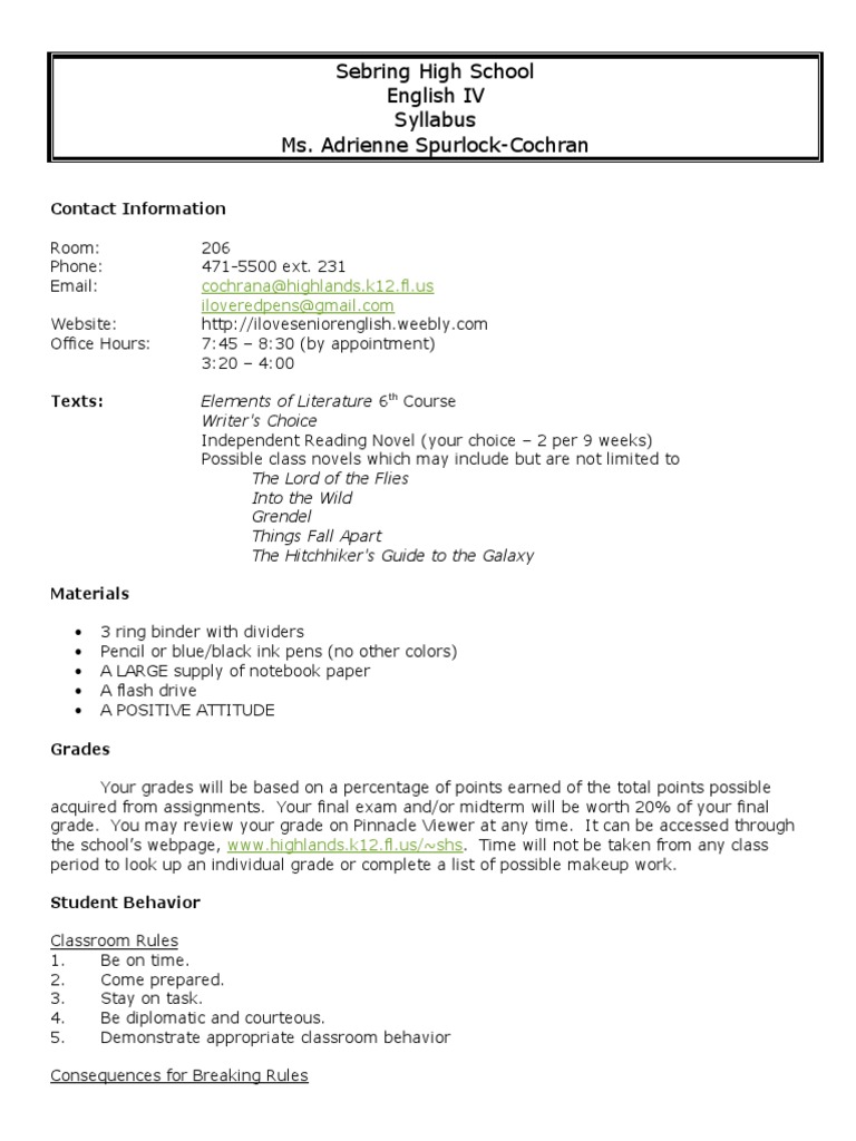 Sebring High School English IV Syllabus Ms. Adrienne Spurlock-Cochran ...