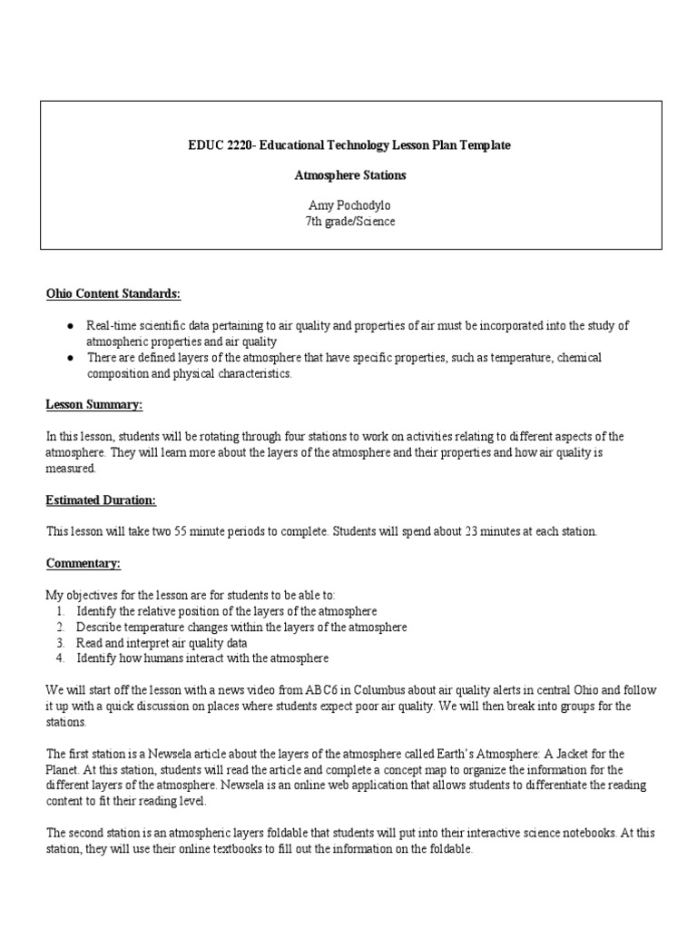 Pochodylo EDUC 2220 Lesson Plan | PDF | Atmosphere Of Earth | Planets ...