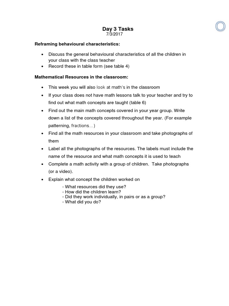 Day 3 Tasks | PDF | Shape | Classroom