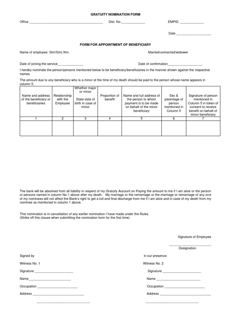 Gratuity Nomination Form 5 | PDF | Government | Private Law