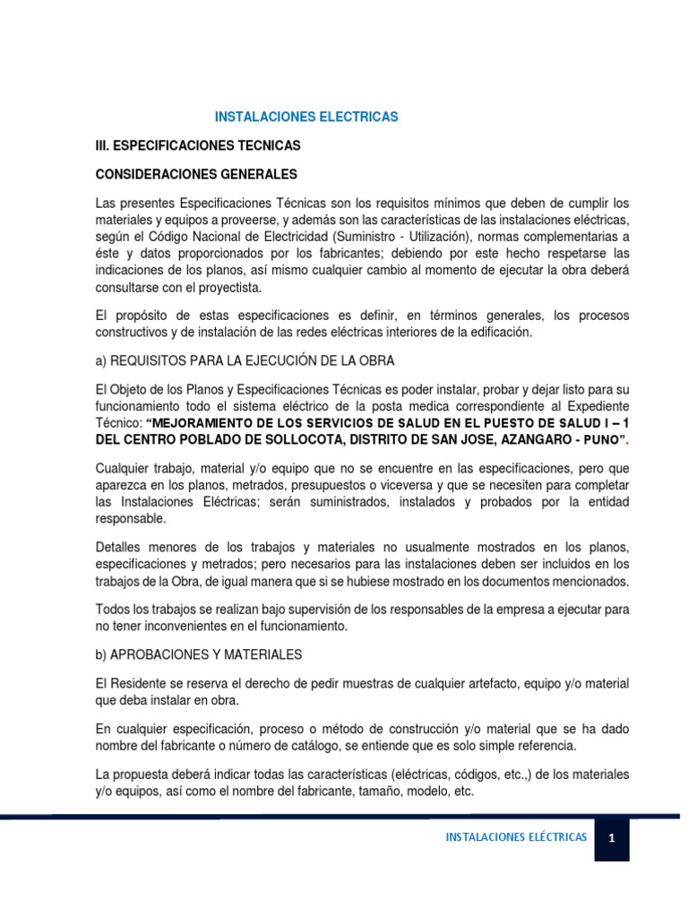 Especificaciones Tecnicas de Instalaciones Electricas | PDF | Resistencia Eléctrica y ...