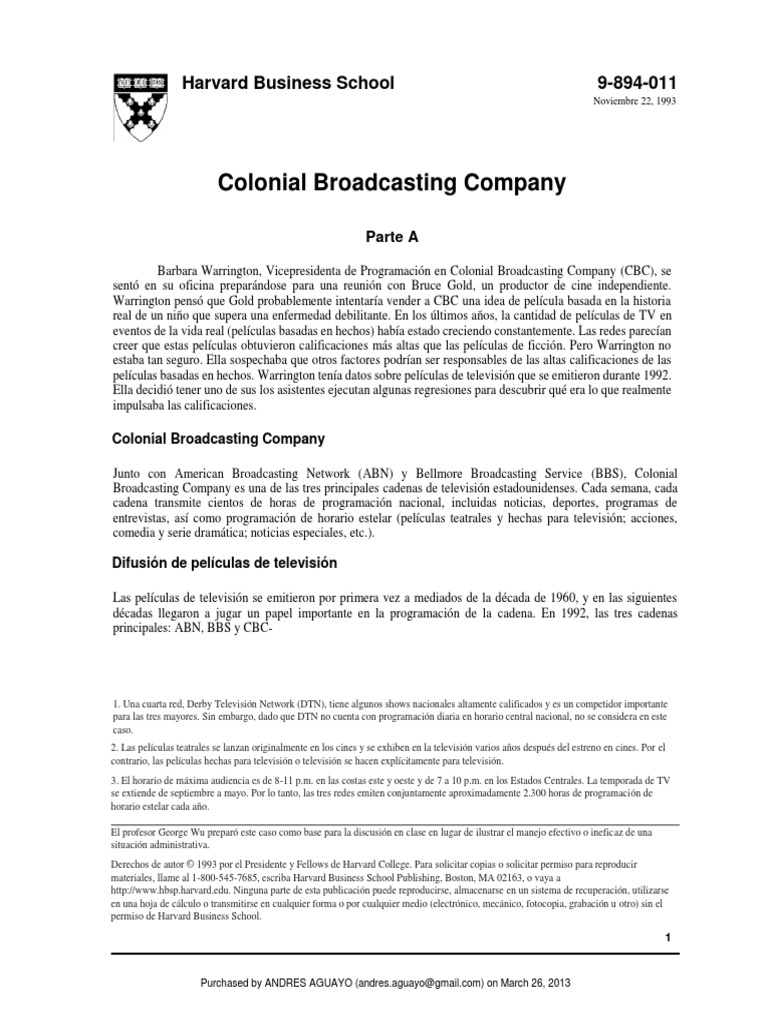Caso 3 - Colonial Broadcasting Company (Sólo Parte A) | PDF | Hora ...