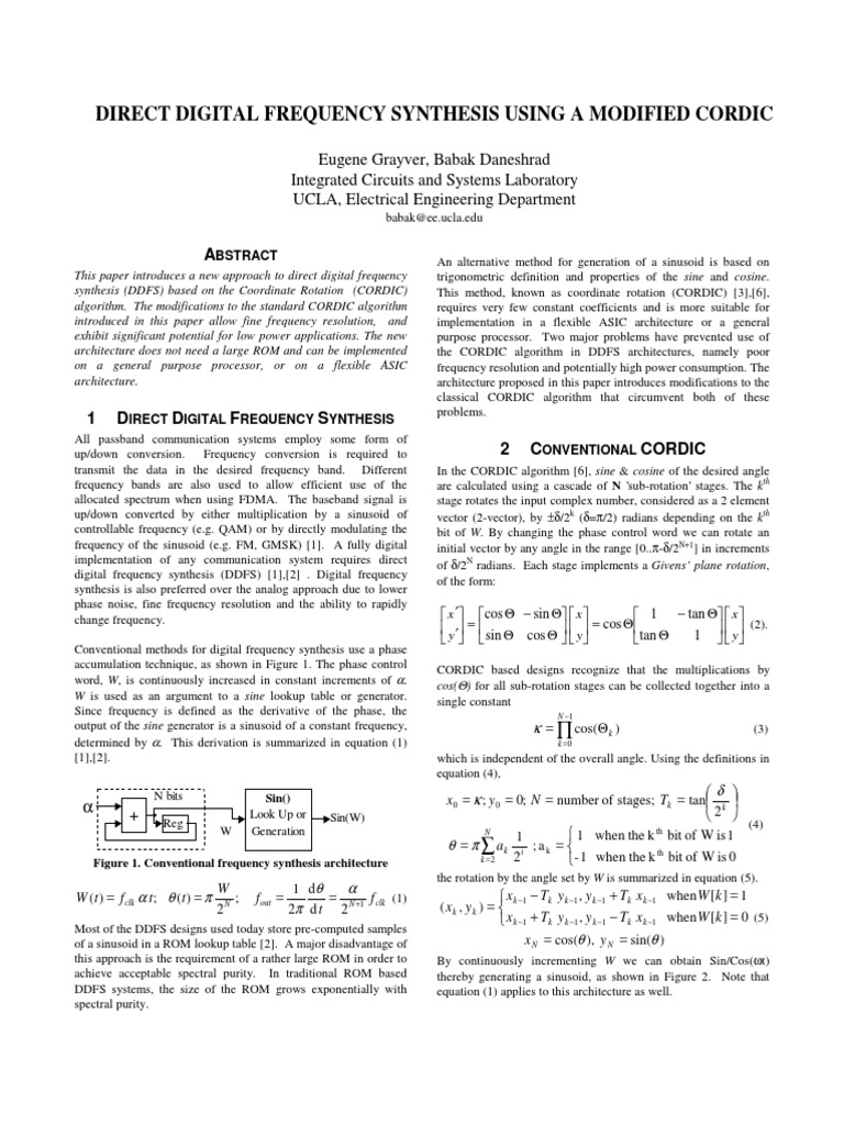 Grayver E.-Direct Digital Frequency Synthesis Using A Modified CORDIC | PDF | Trigonometric ...