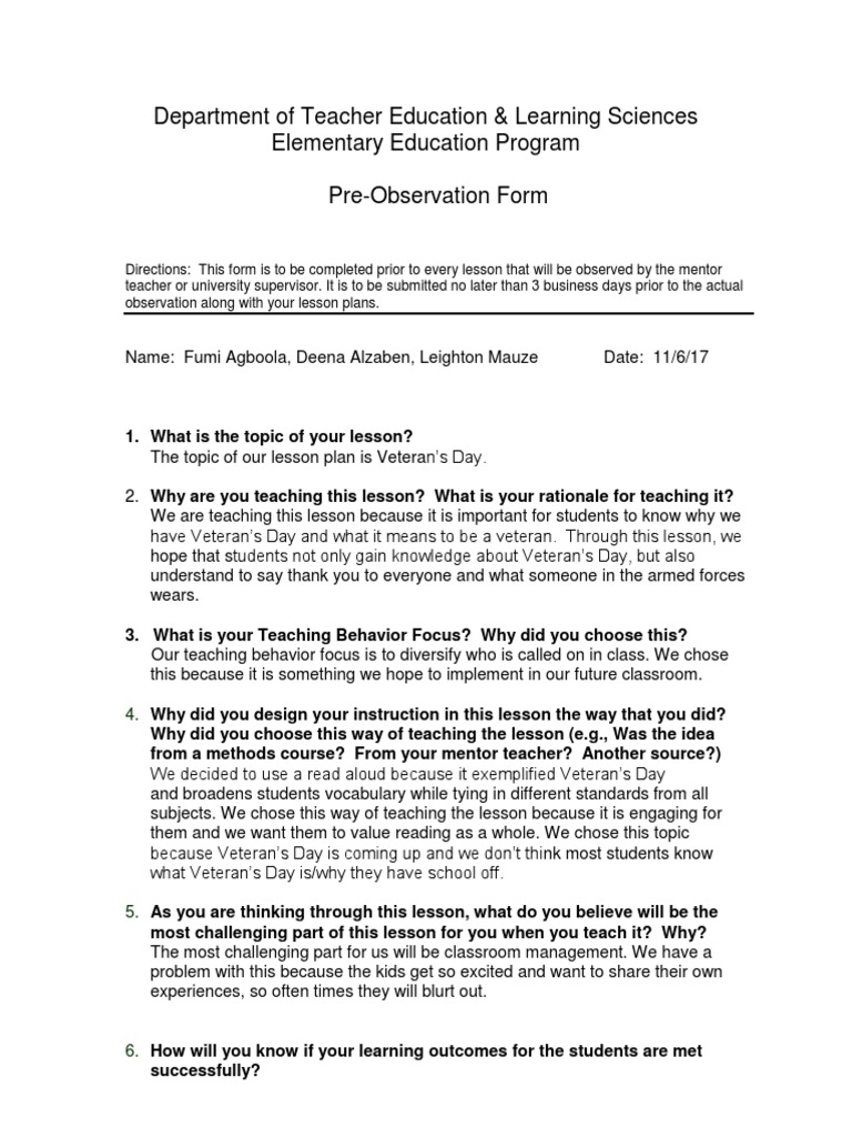 Pre Observation Form | PDF | Classroom Management | Teachers