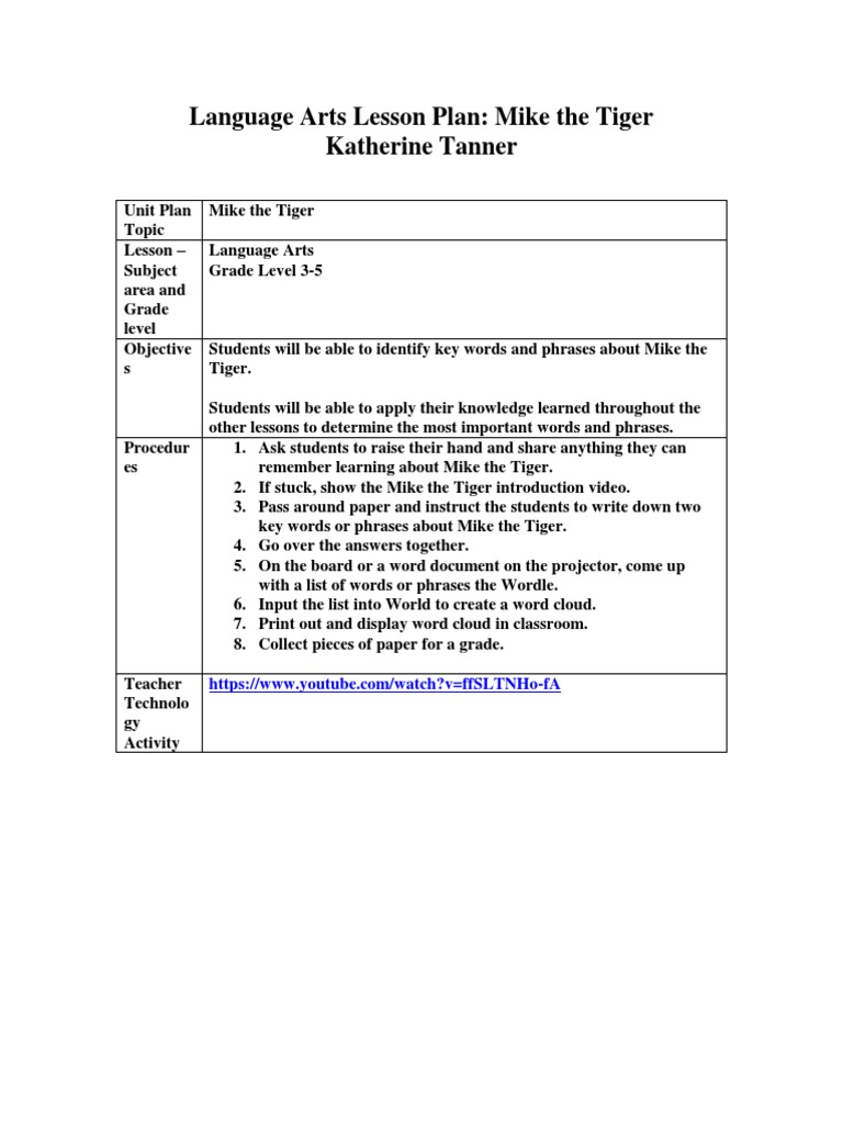 Language Arts Lesson Plan: Mike The Tiger Katherine Tanner | PDF ...