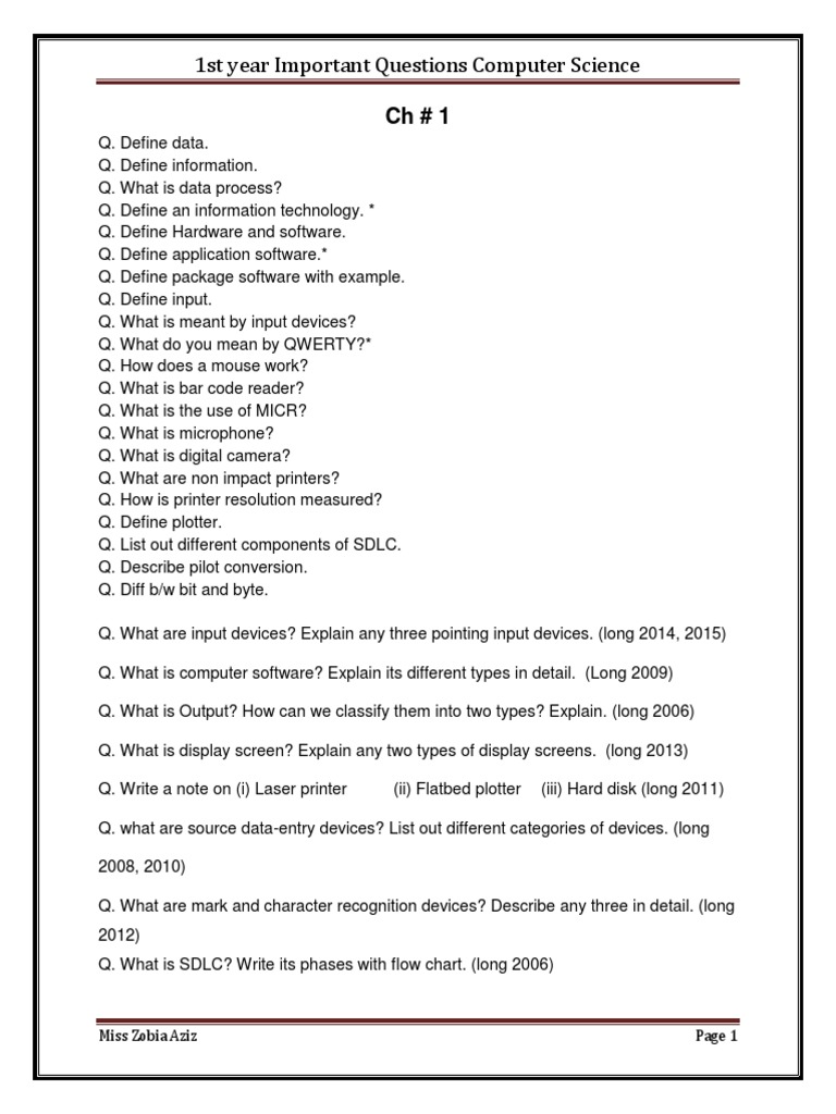 1st Year Computer Science Imp Questions Ch#1 | PDF | Input/Output | Printer (Computing)