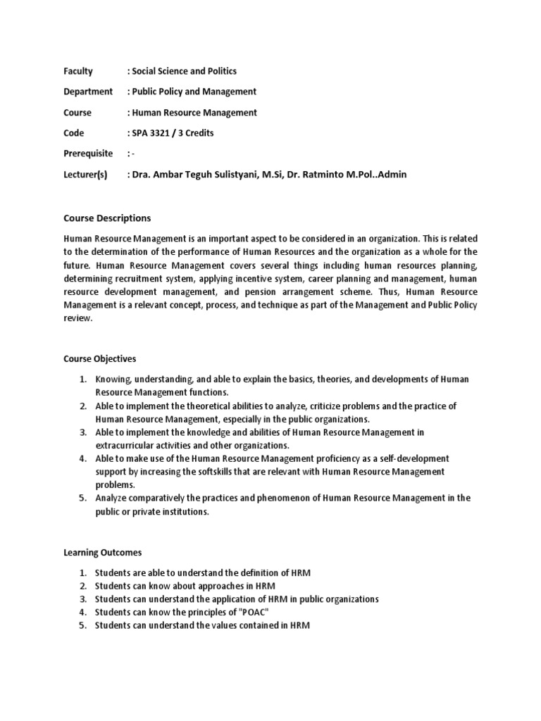 HRM Course Specs | PDF | Human Resource Management | Understanding