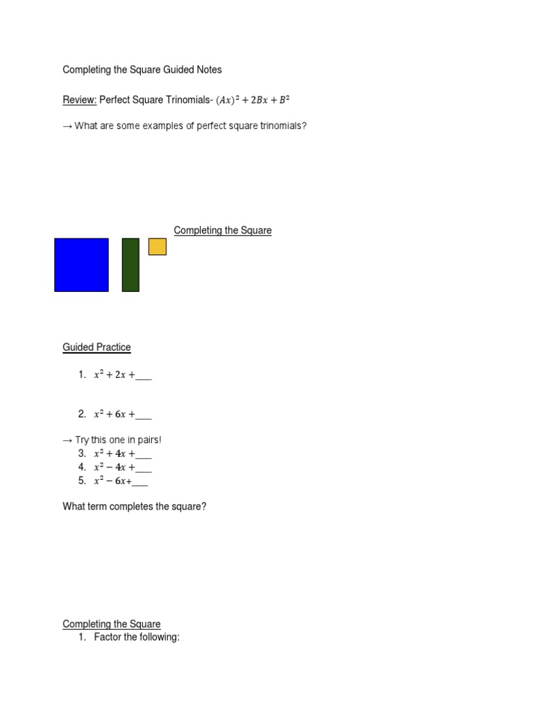 Completing The Square Guided Notes 1 | PDF