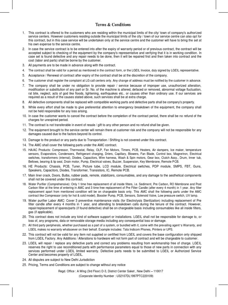 LG Equipment Service Contract Terms | PDF | Capacitor | Thermostat
