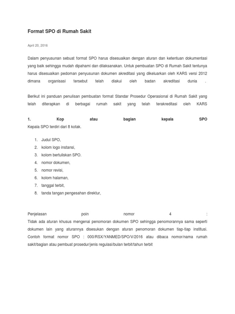 Format SPO Di Rumah Sakit | PDF