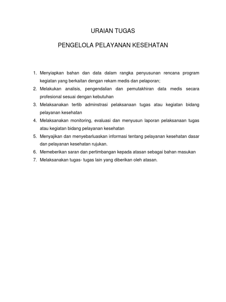Uraian Tugas Pengelola Pelayanan Kesehatan | PDF