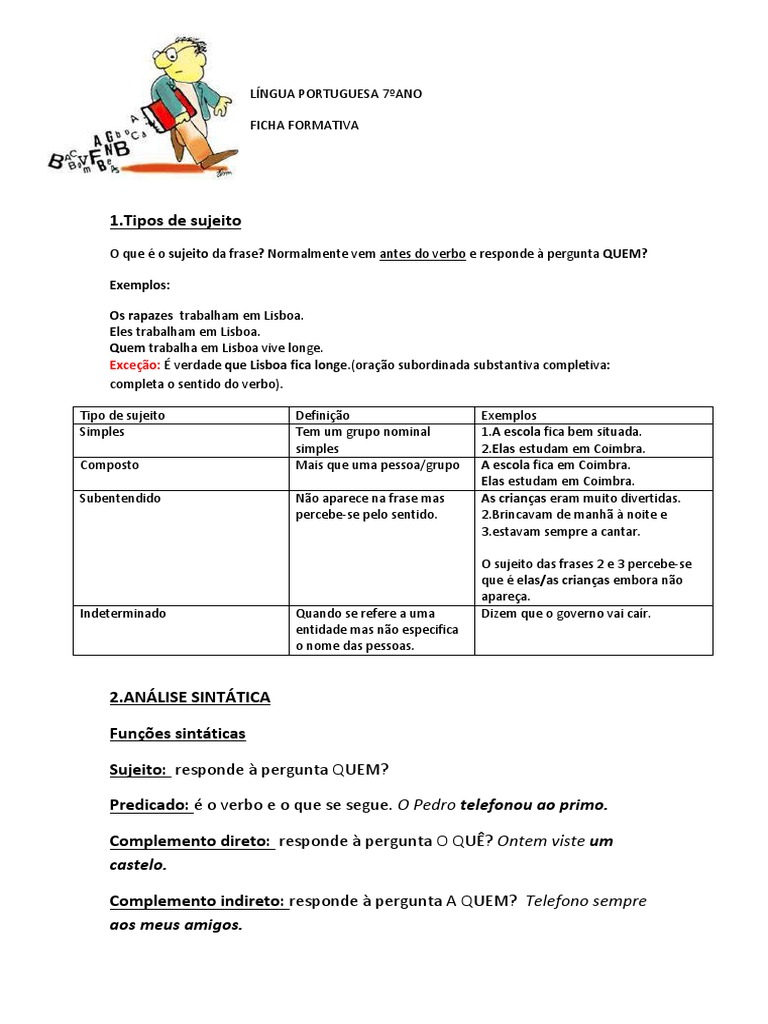 Ficha de Trabalho Sobre Os Tipos de Sujeito, Análise Sintatica e Frase Ativa e Passiva | PDF ...