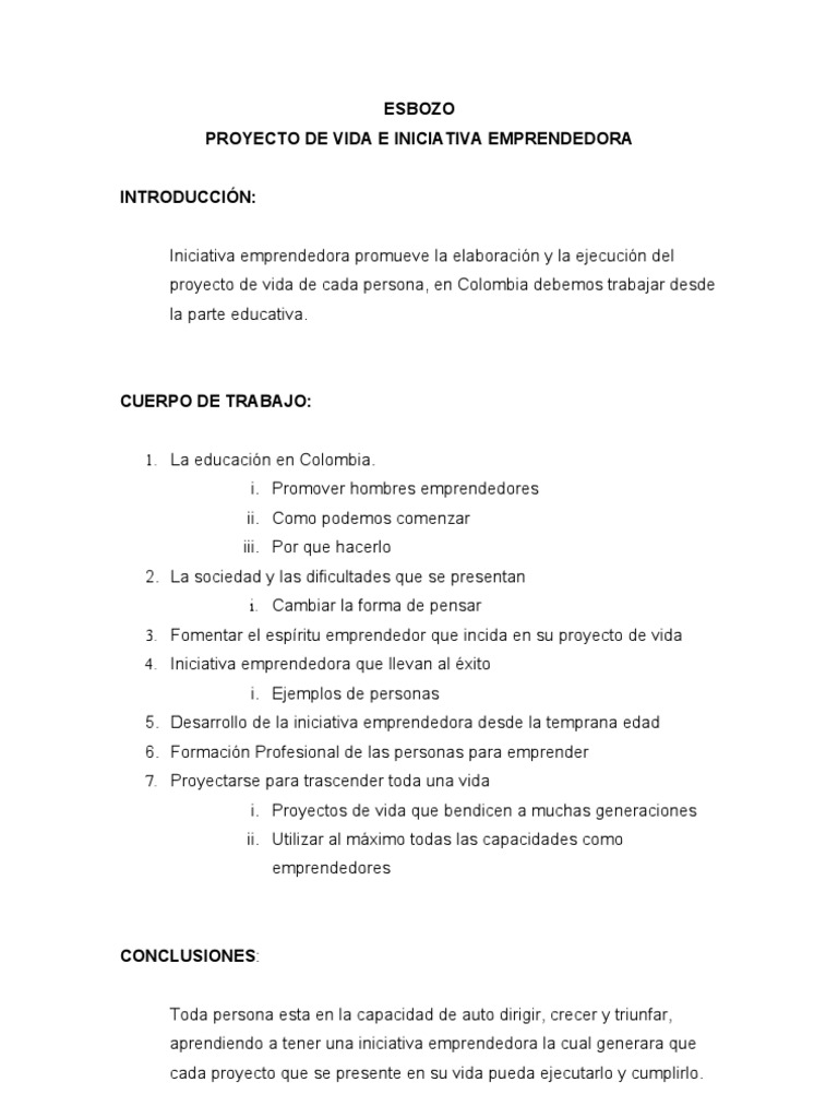 Esbozo - Bosquejo - Proyecto de Vida e Iniciativa Emprendedora | PDF