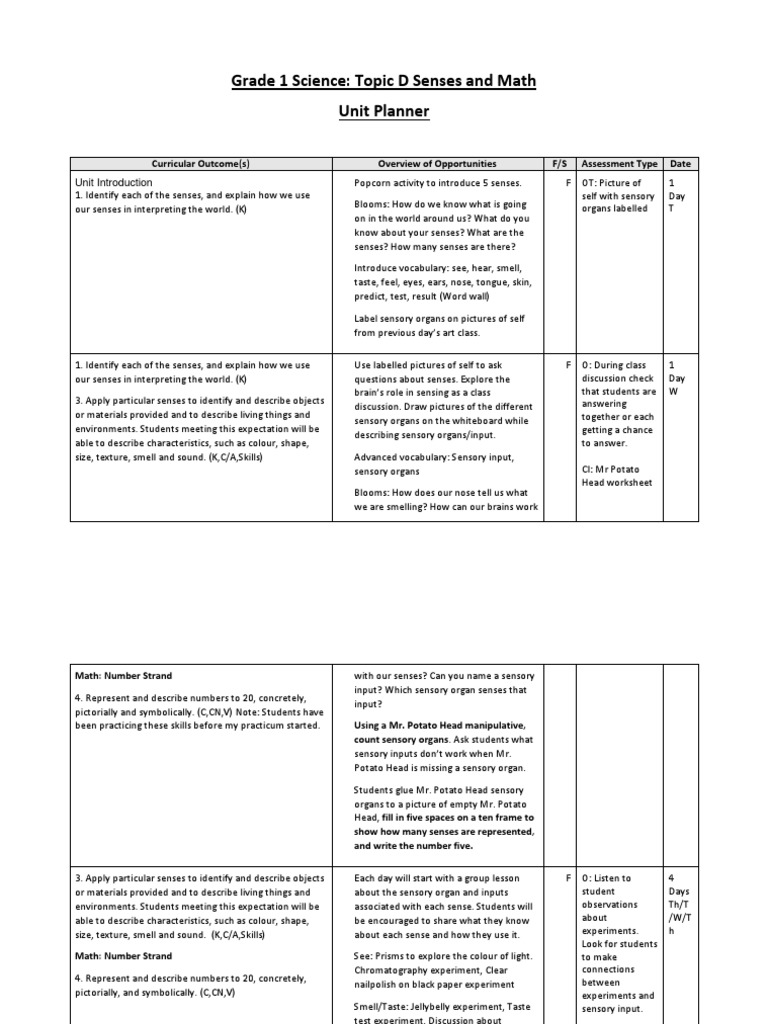 Grade 1 Science Unit on Senses and Math | PDF | Senses | Perception