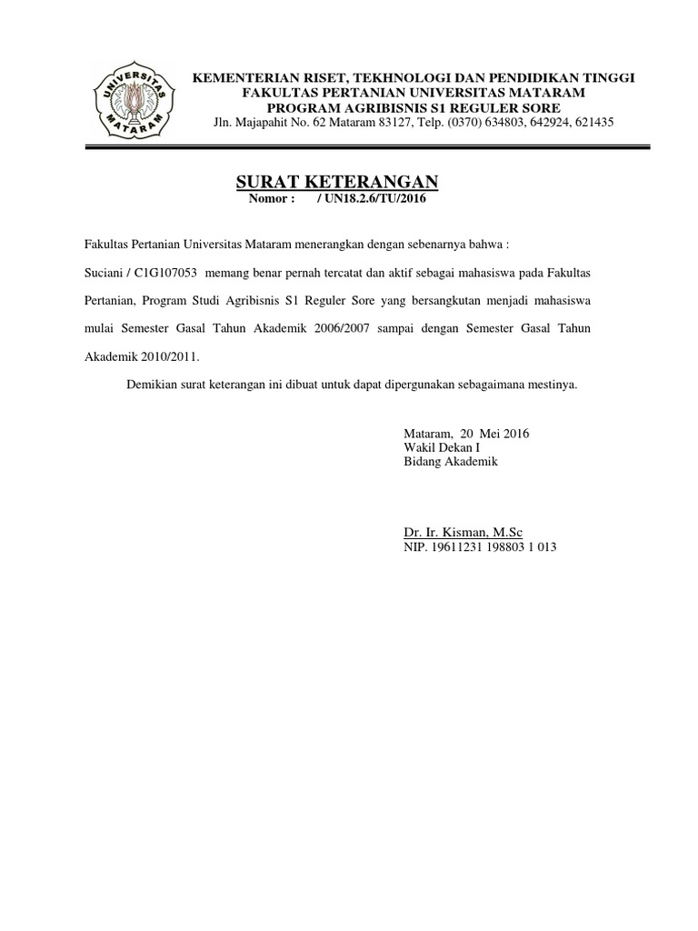 Surat Keterangan UNRAM | PDF