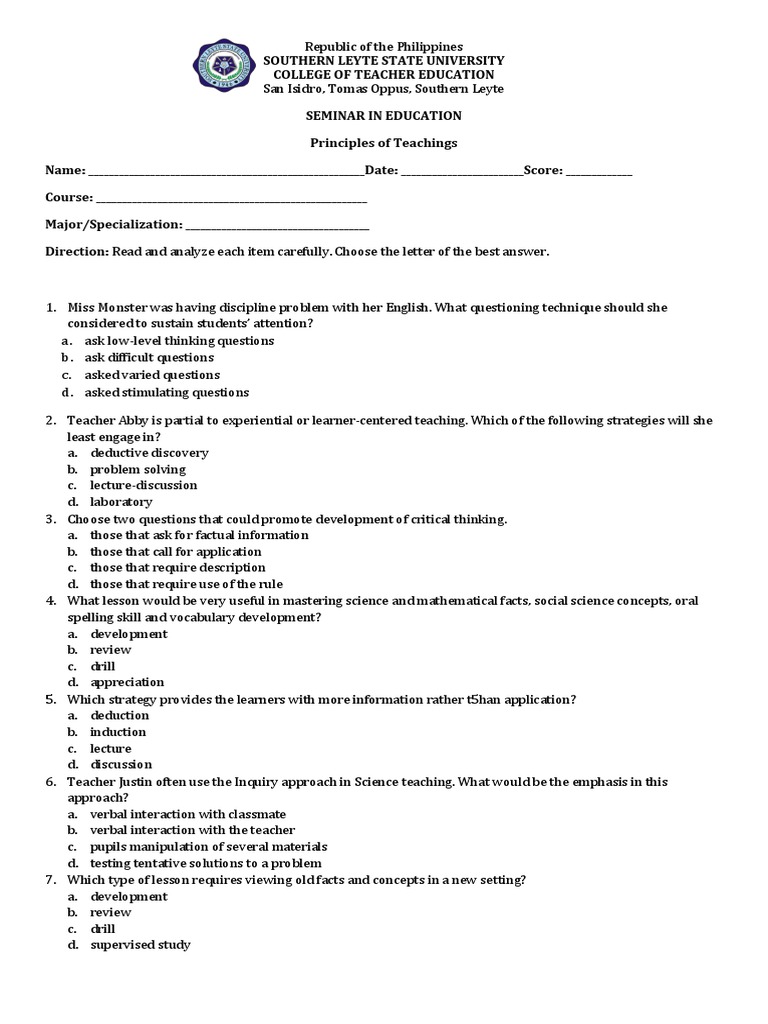 Teaching Principles Seminar Quiz | PDF | Lesson Plan | Classroom Management