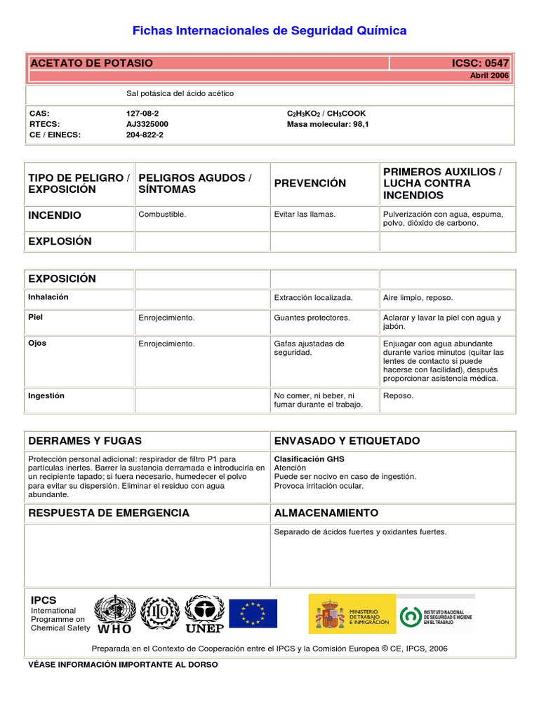 Msds 127-08-2 Acetato de Potasio PDF | Descargar gratis PDF | Potasio ...