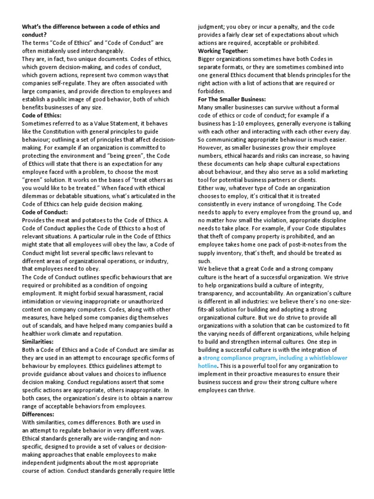What's The Difference Between A Code of Ethics and Conduct? Working ...