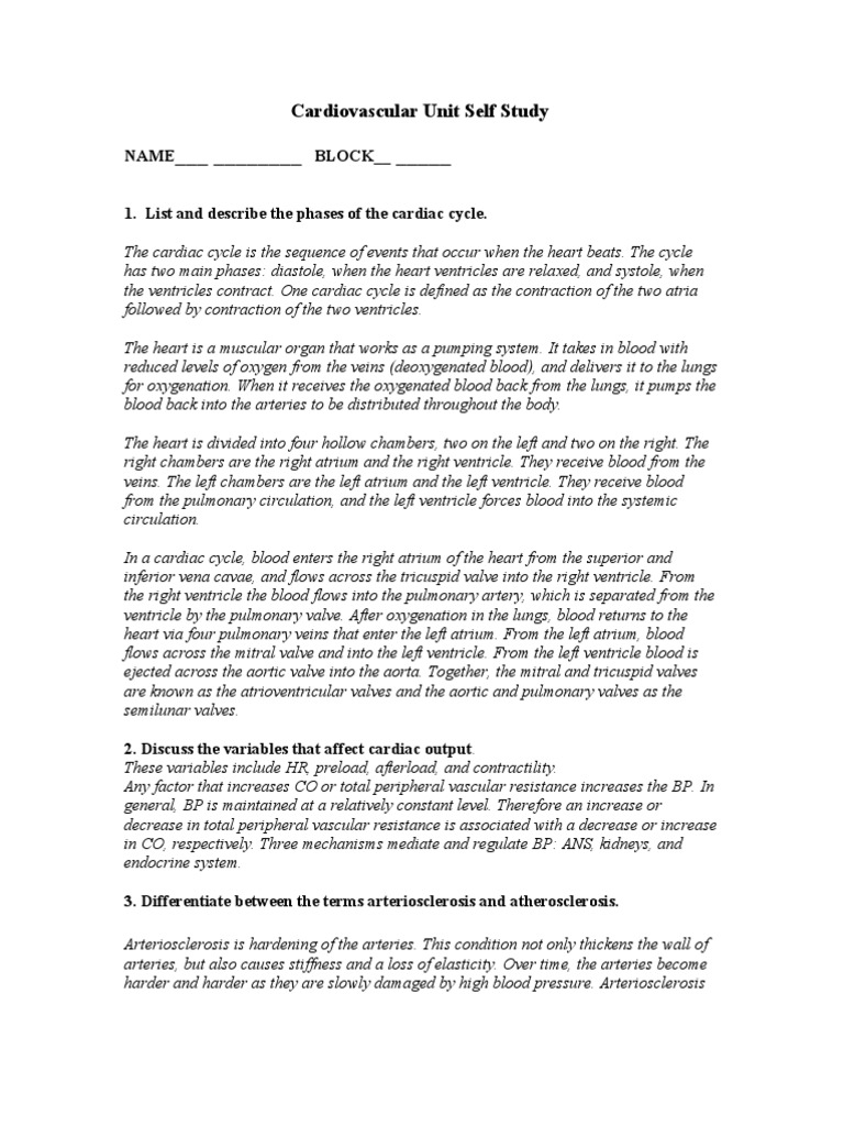Cardiovascular Unit Self Study | PDF | Ventricle (Heart) | Atrium (Heart)