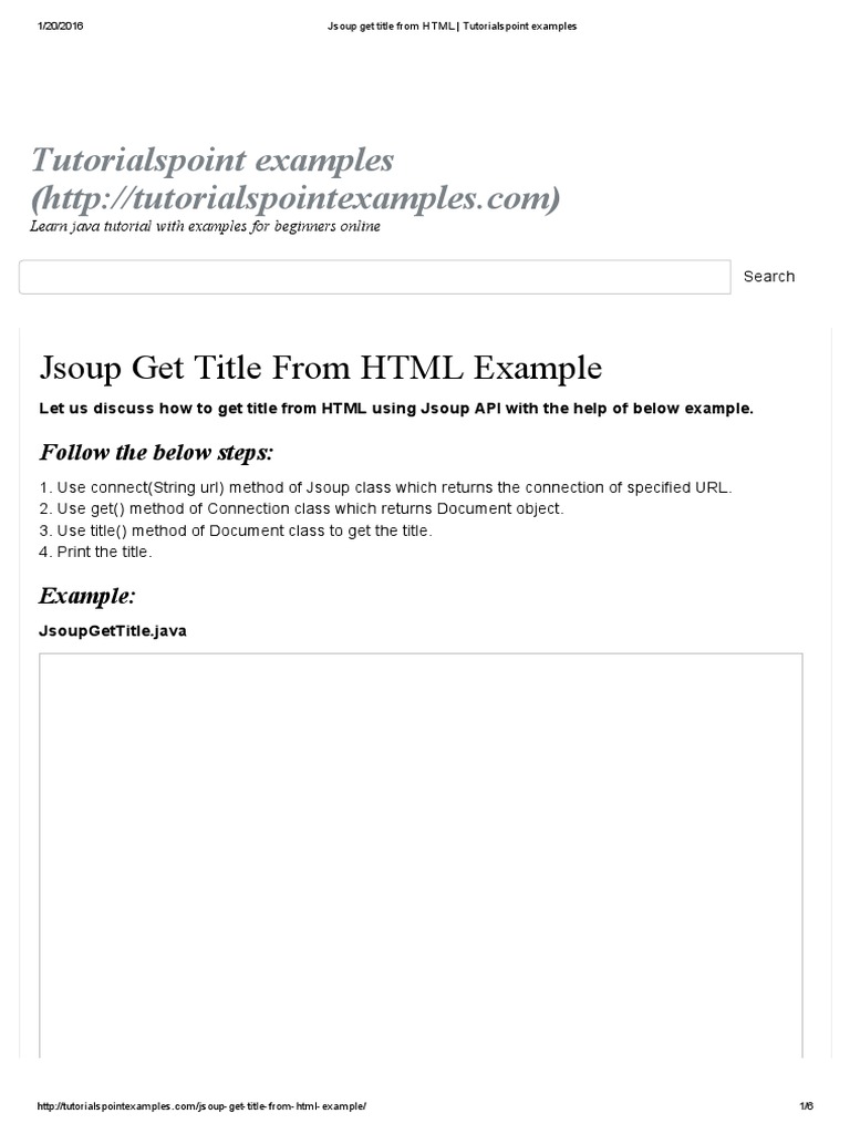 Jsoup Get Title From HTML Tutorialspoint Examples | PDF | Html | Java ... Jsoup Get Title From HTML Tutorialspoint Examples | PDF | Html | Java ...