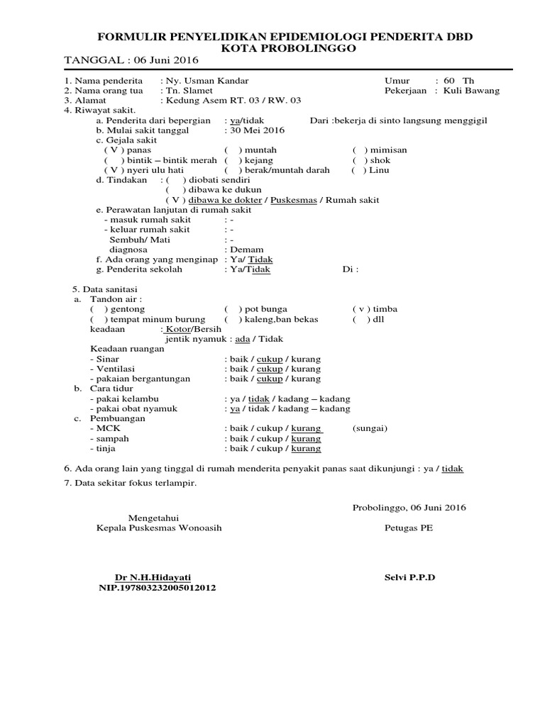Formulir Penyelidikan Epidemiologi Penderita DBD | PDF