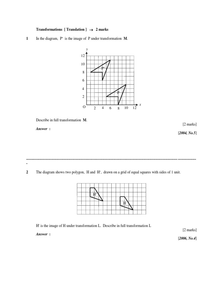 Transformations (Translation) 2 Marks 1: Answer | PDF