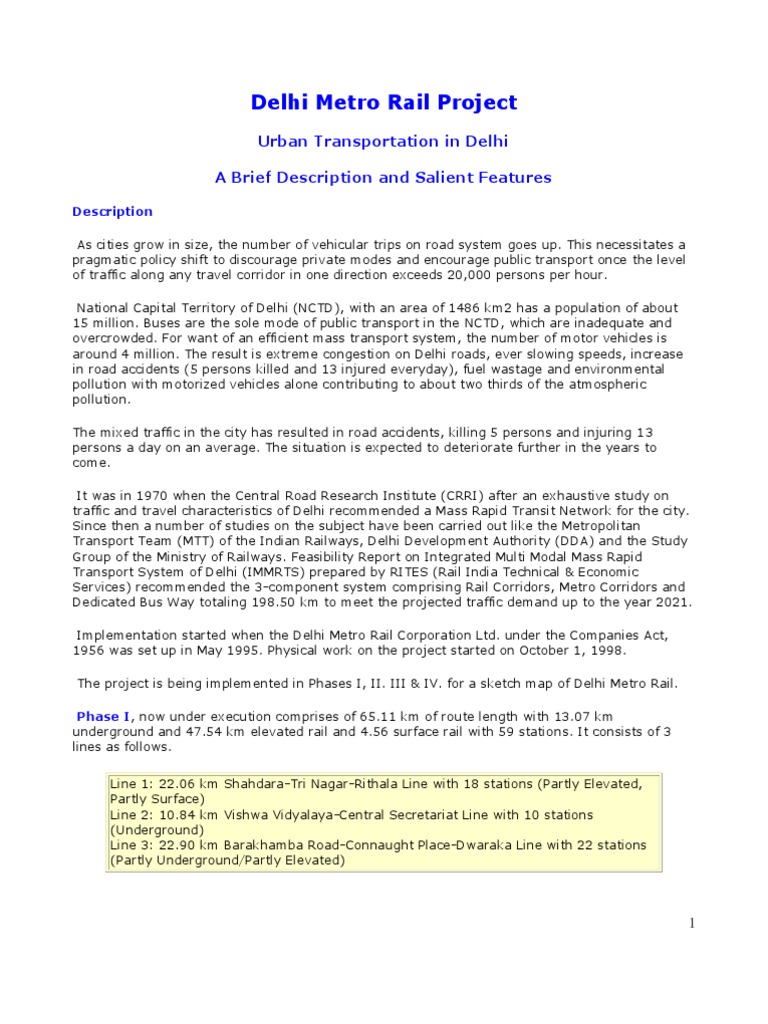 Delhi Metro Rail Project-Salient Feature N Brief Description | PDF ...
