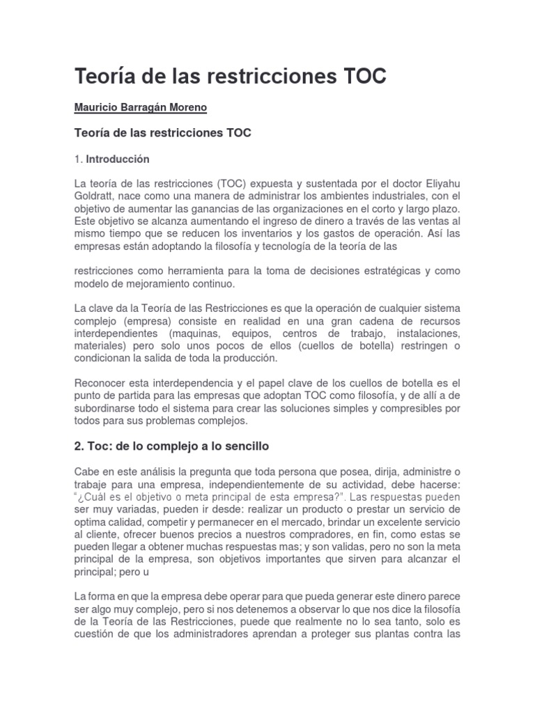 Teoría de Las Restricciones TOC | PDF | Toma de decisiones | Calidad (comercial)