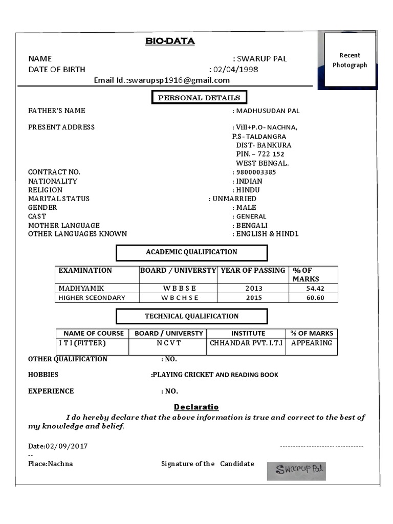Name: Swarup Pal Date of Birth: 02/04/1998: Bio-Data | PDF