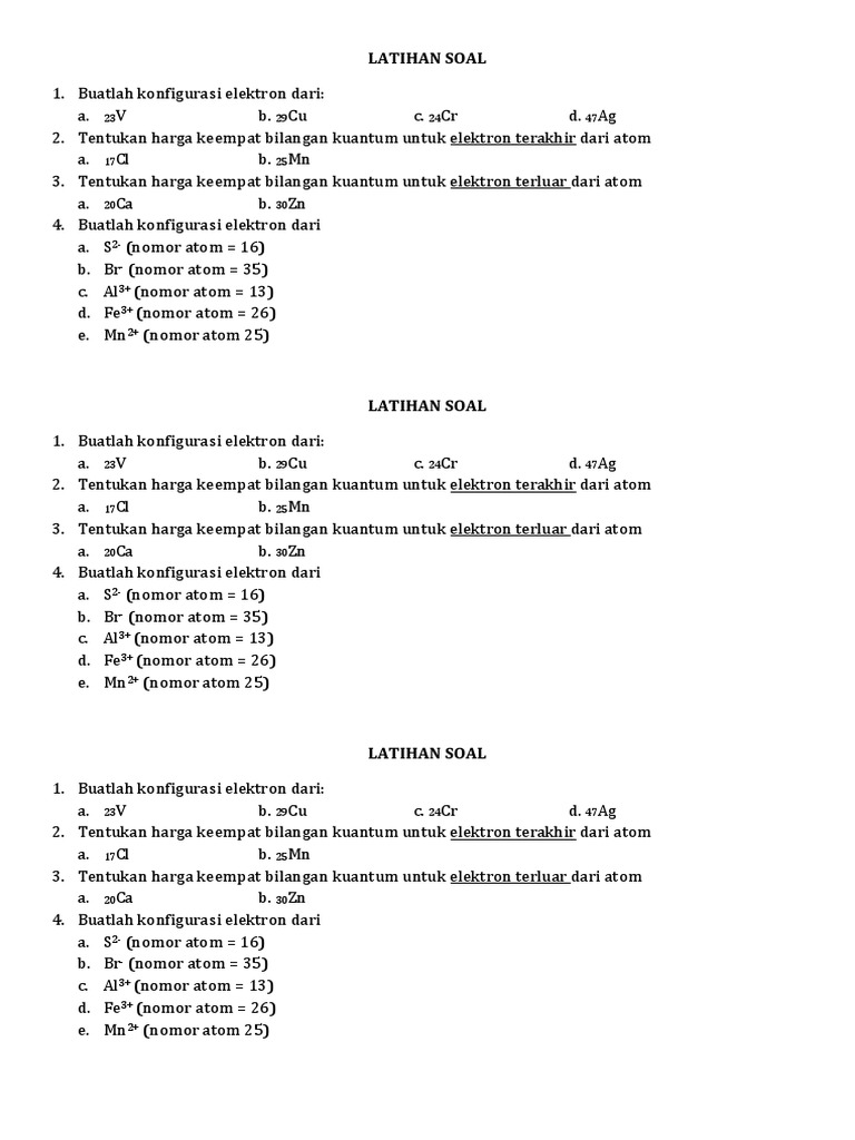 LATIHAN SOAL Konfigurasi Elektron Dan Bilangan Kuantum | PDF