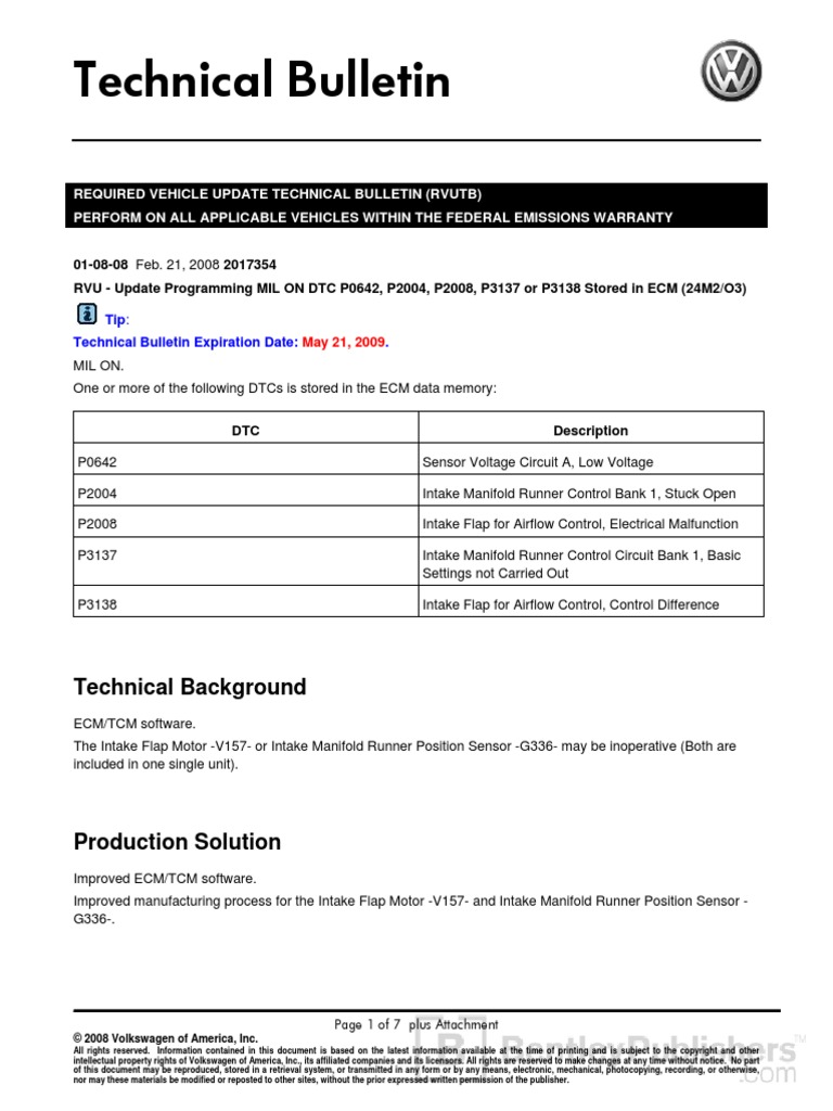 VW TSB For Intake Flap | PDF | Power Supply | Photocopier
