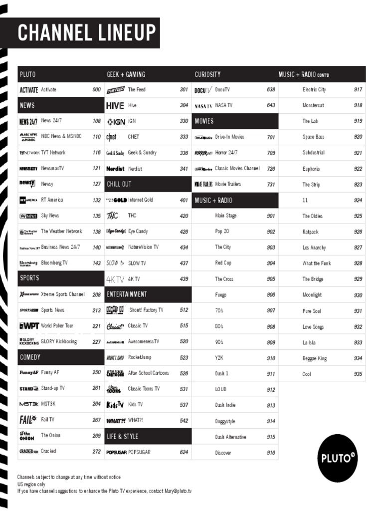 Pluto Channel Listing | PDF | Leisure | Entertainment (General)