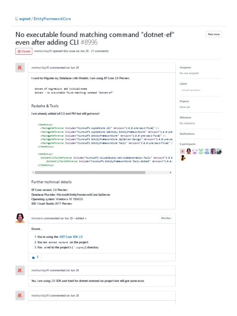 No Executable Found Matching Command Dotnet Ef Even After Adding Cli Issue 8996 Aspnet