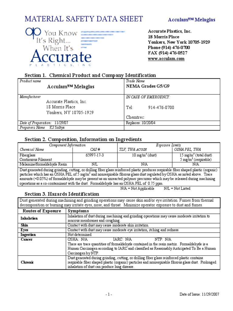 MSDS Melaglas | PDF | Fiberglass | Formaldehyde