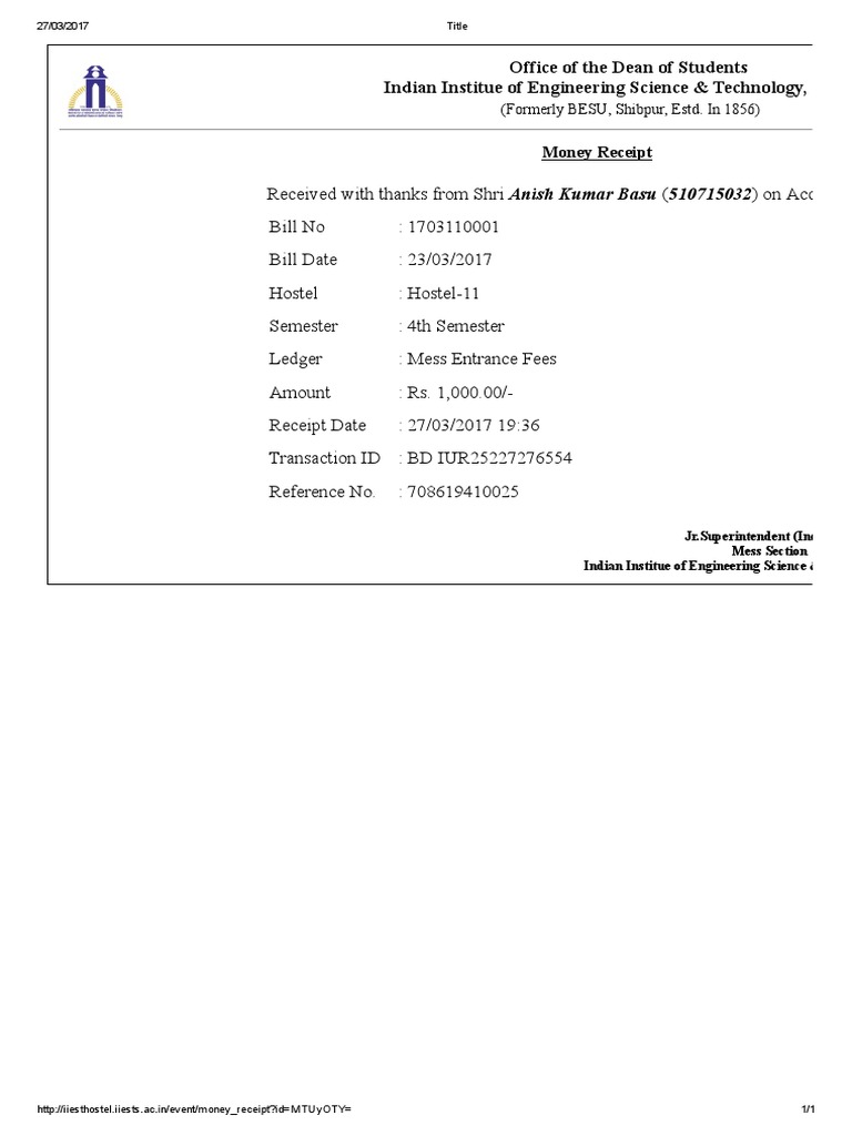 Mess Entrance Fee - 4th Sem | PDF