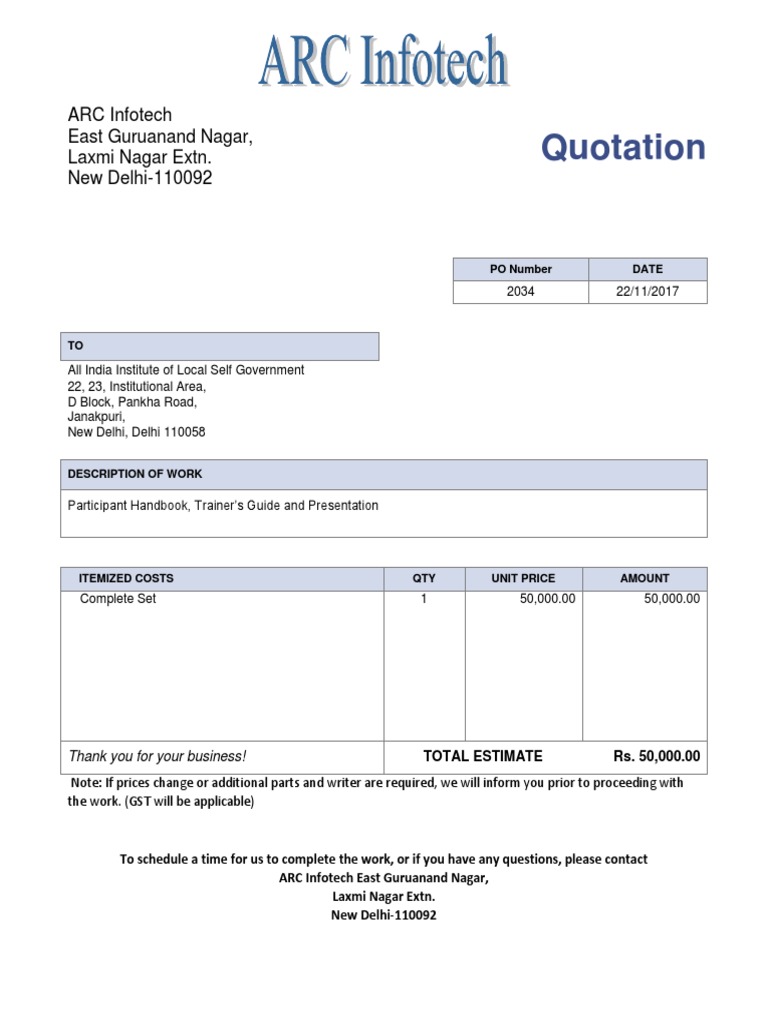 Quotation: ARC Infotech East Guruanand Nagar, Laxmi Nagar Extn. New Delhi-110092 | PDF