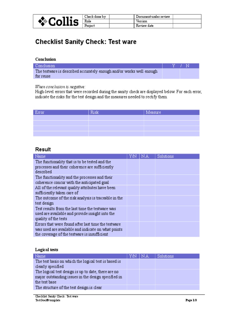 Testgoal Template Uk Step 3 Checklist Sanity Check Testware | PDF ...