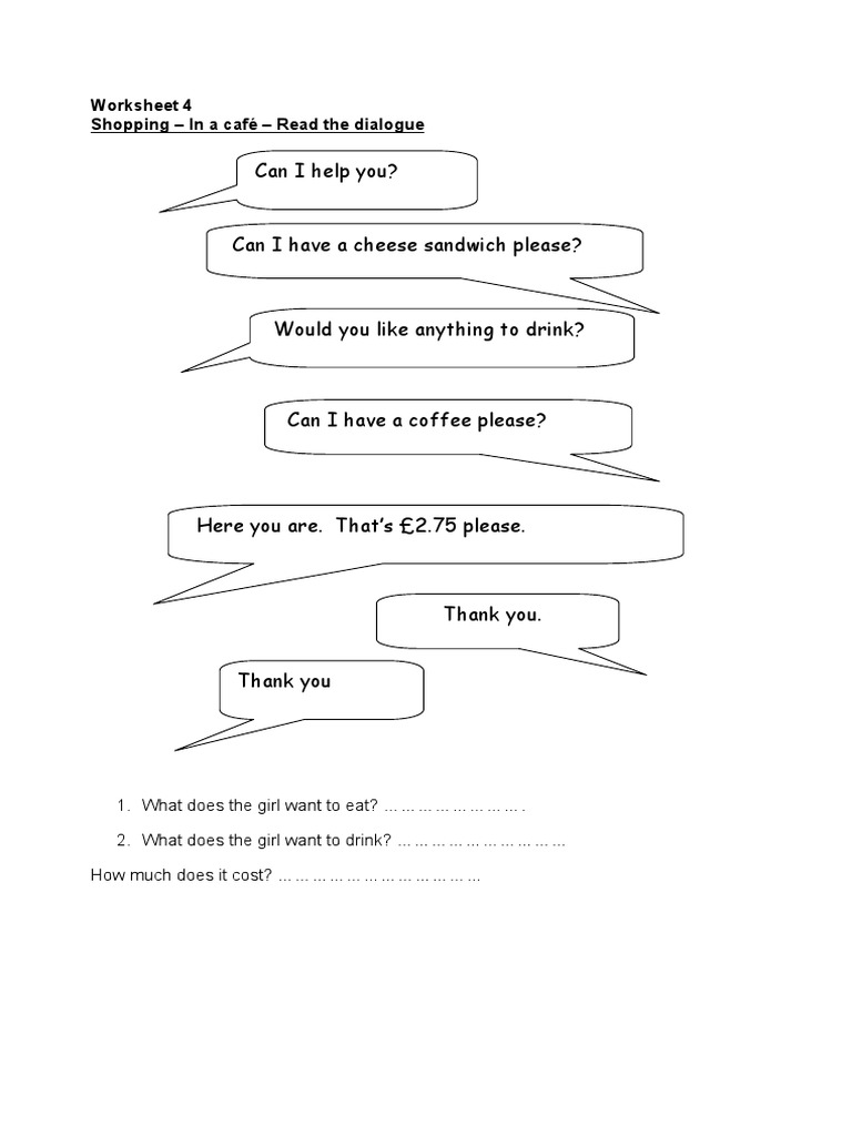 Shopping in A Cafe Worksheet4 | PDF