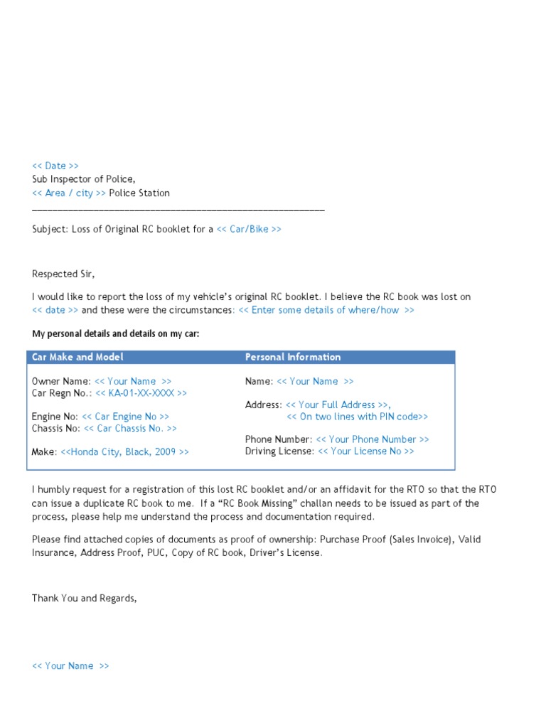 Lost Duplicate RC Book Police FIR Blank Template Format For TeamBHP ...