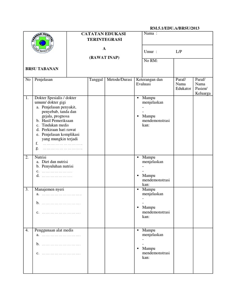 Form Catatan Edukasi Terintegrasi Ranap | PDF