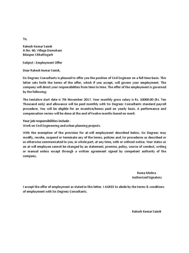 Offer Letter | PDF | At Will Employment | Employment