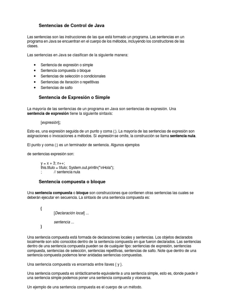 Sentencias de Control de Java | PDF | Java (lenguaje de programación) | Flujo de control
