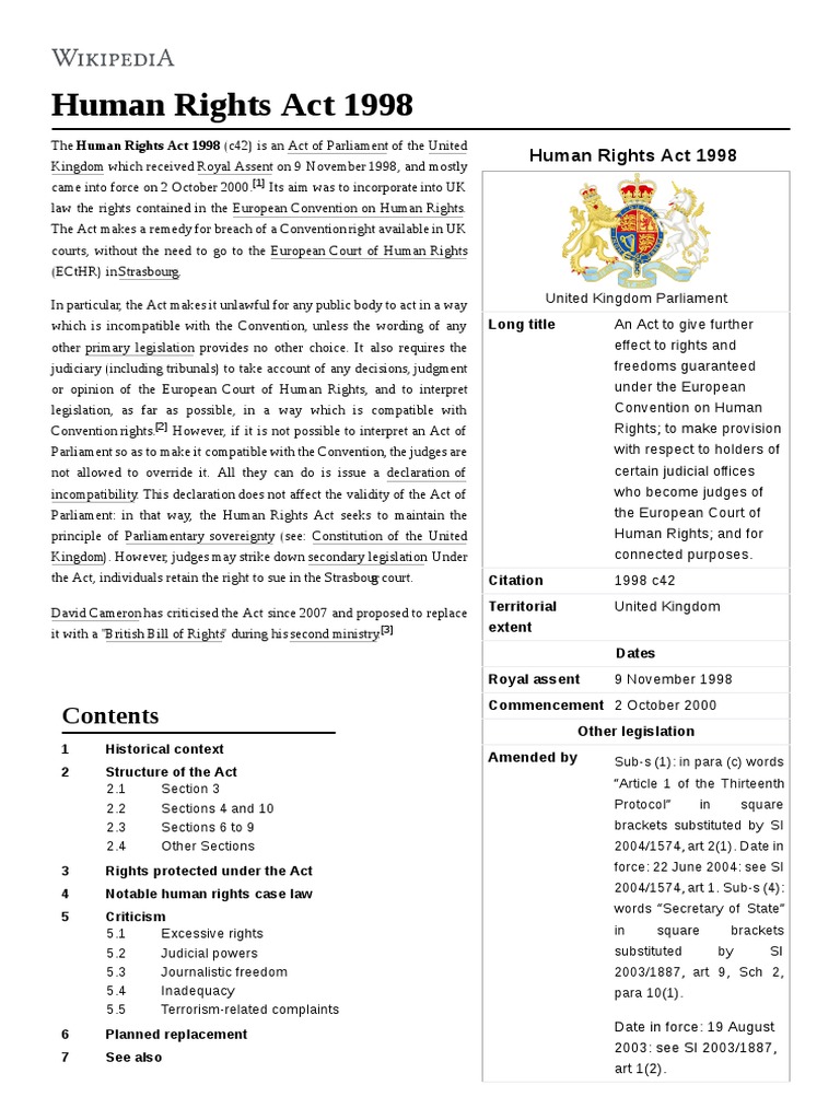 Human Rights Act 1998 | PDF | European Convention On Human Rights ...