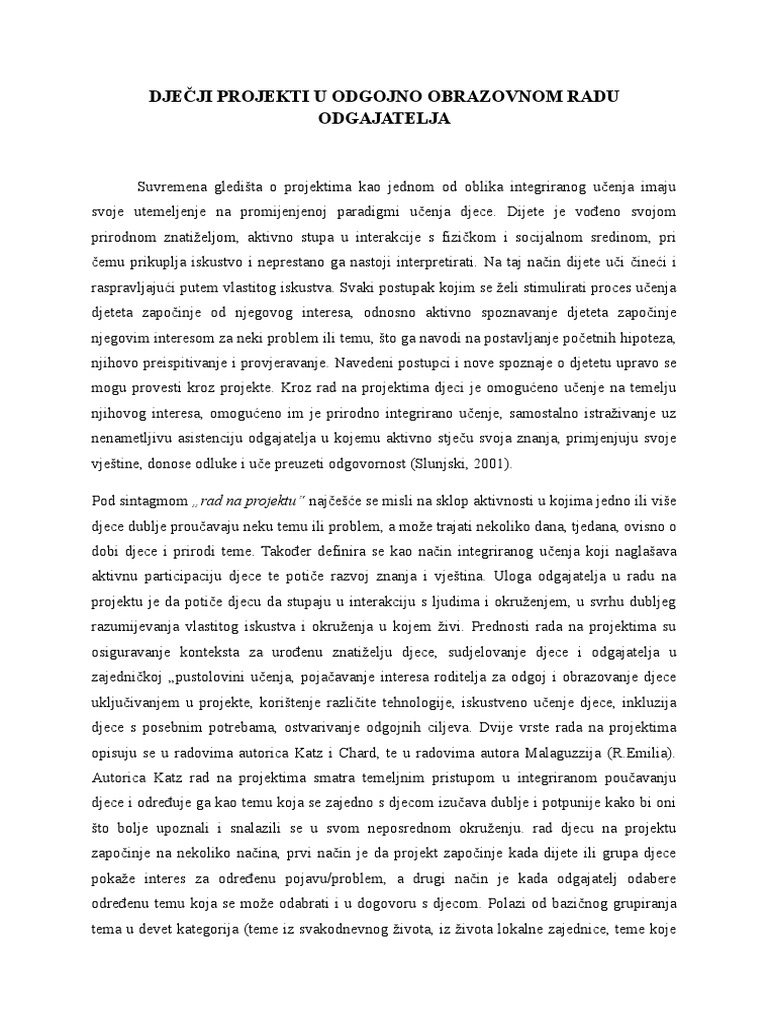 2.dječji Projekti U Odgojno Obrazovnom Radu Odgajatelja | PDF