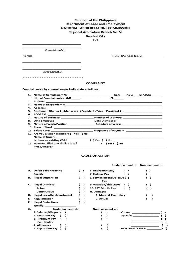 NLRC Complaint Form Template | PDF | Unfair Labor Practice | Labor