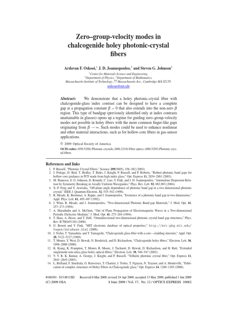 Zero-Group-Velocity Modes in Chalcogenide Holey Photonic-Crystal Fibers ...