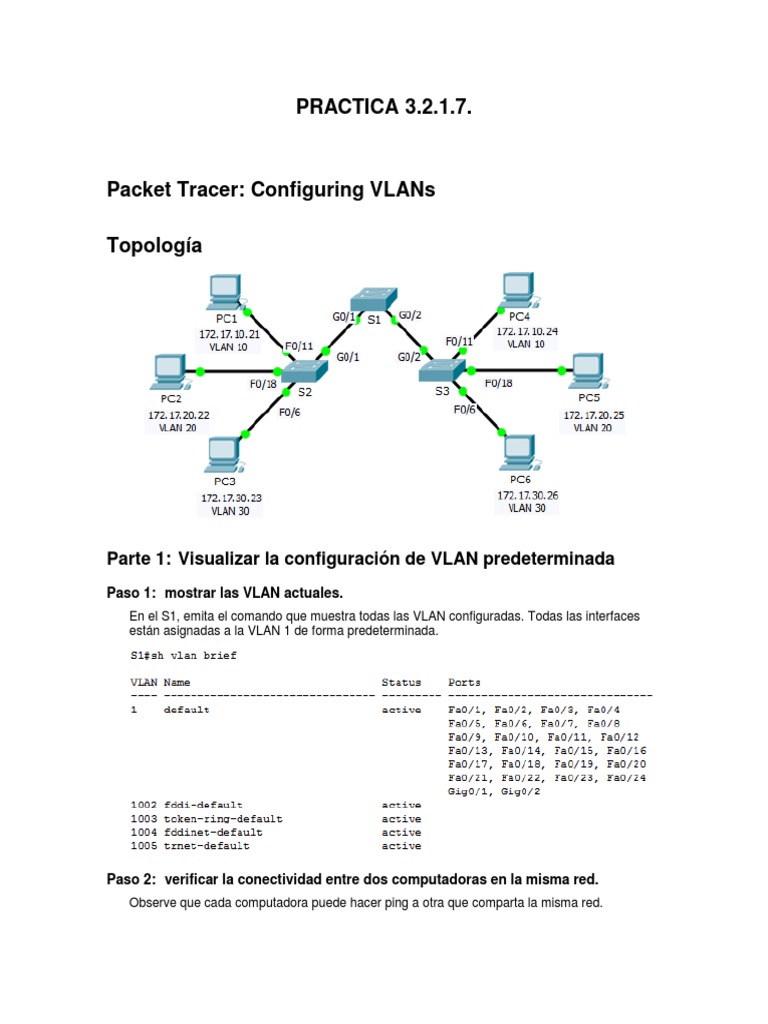 3.2.1.7 Packet Tracer - Configuring VLANs | PDF | Telecomunicaciones | Red de arquitectura